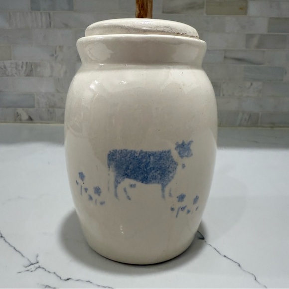 Art | Vintage Rustic Cream Ceramic Pottery Jar With Blue Cow Butter ...